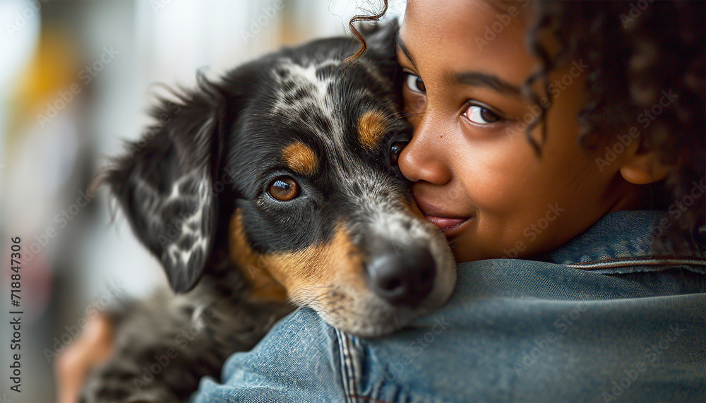 African American young woman embracing her dog. Pleased happy Afro girl ...