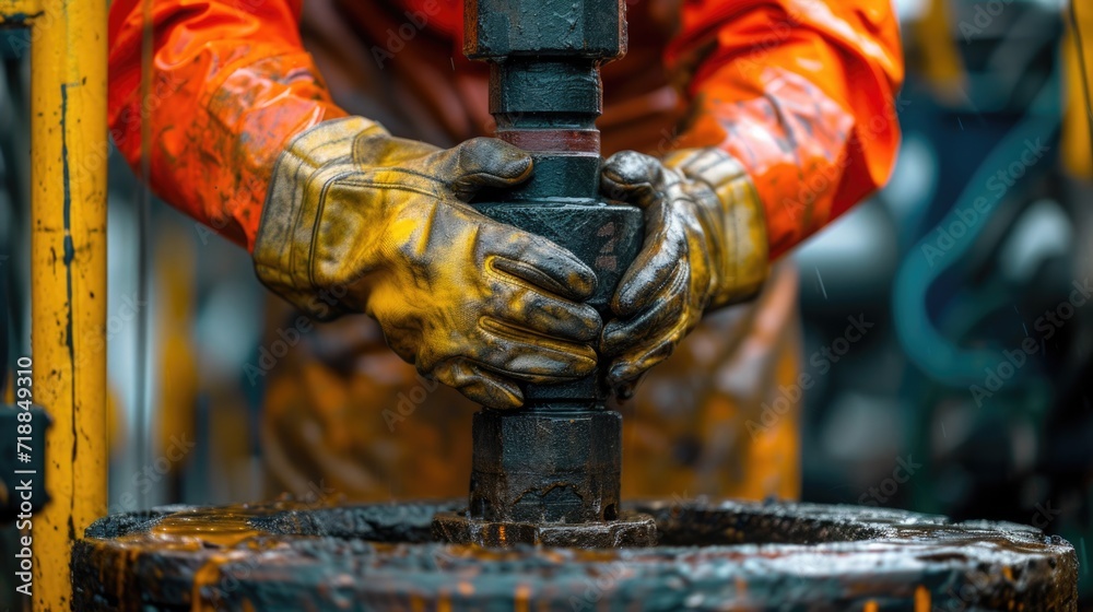 A close-up of the hands of an oil rig worker, wearing gloves and ...