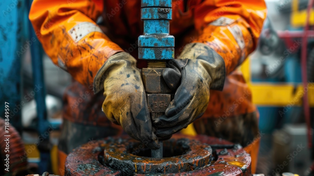 A close-up of the hands of an oil rig worker, wearing gloves and ...
