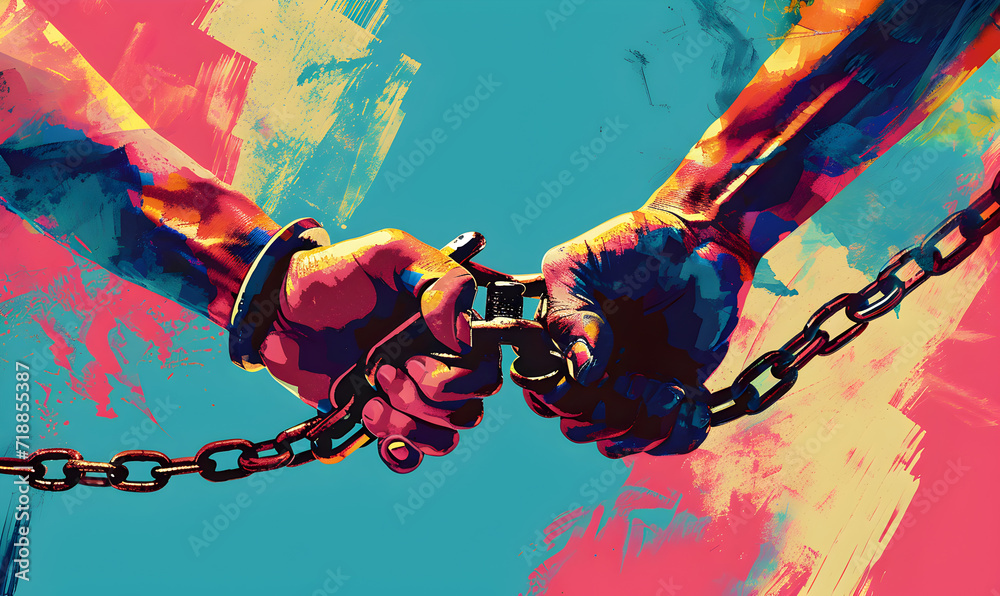 Slave hands in handcuffs and chains. Fight for human rights and against ...