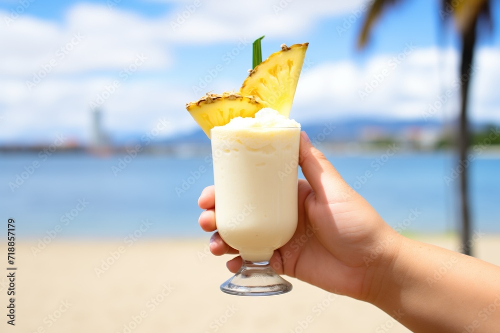 hand holding virgin pina colada with a beach backdrop under sunny skies ...