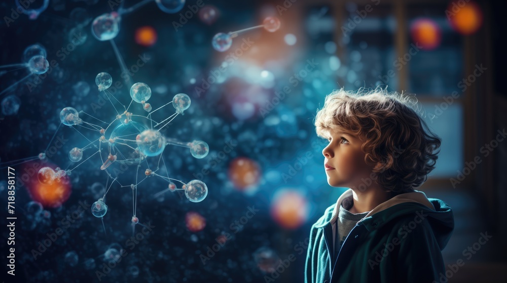 double exposure photography of boy student thinking in science class ...