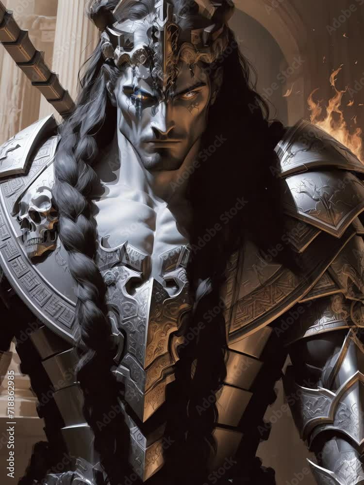 a potrait of the epic greek god hades, underworld, hell, skulls ...