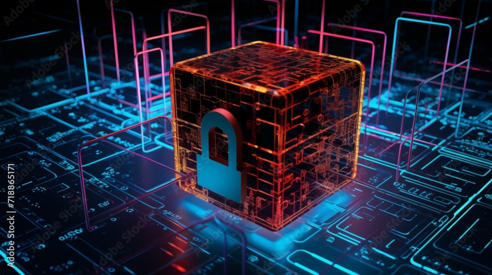 Abstract representation of a secure data lockdown, digital locks and chains, tight control and ...