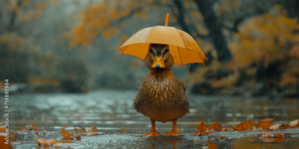 Süße Ente mit Regenschirm und Regenkleidung im Regen schaut traurig als ...