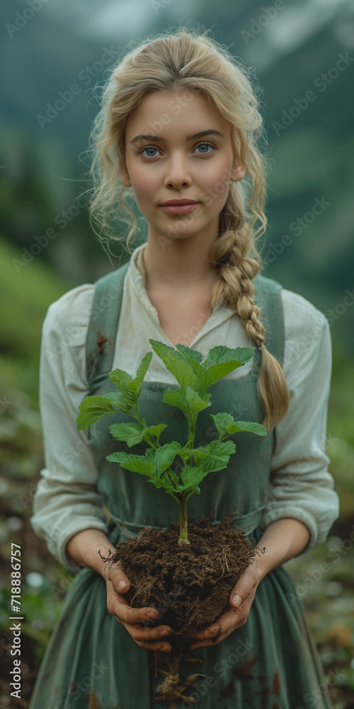 Hübsche Bäuerin am Land in Trachtenkleid mit Holz und Pflanzen Stock ...