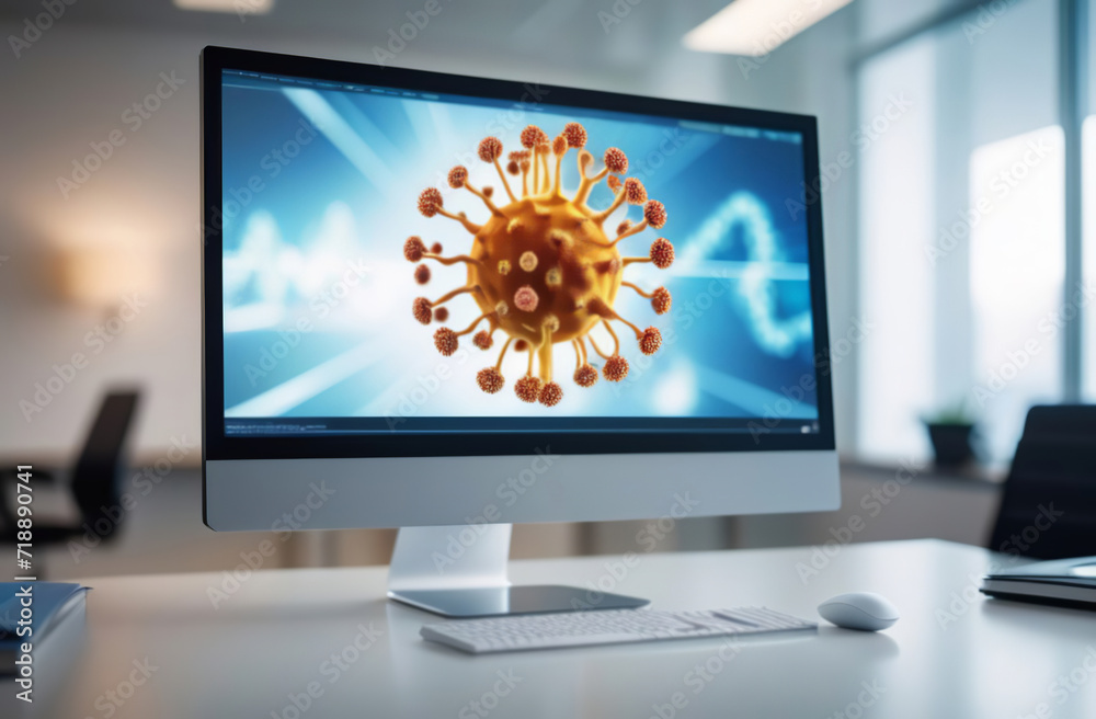Neon coronavirus on computer screen. Close up PC monitor showing ...