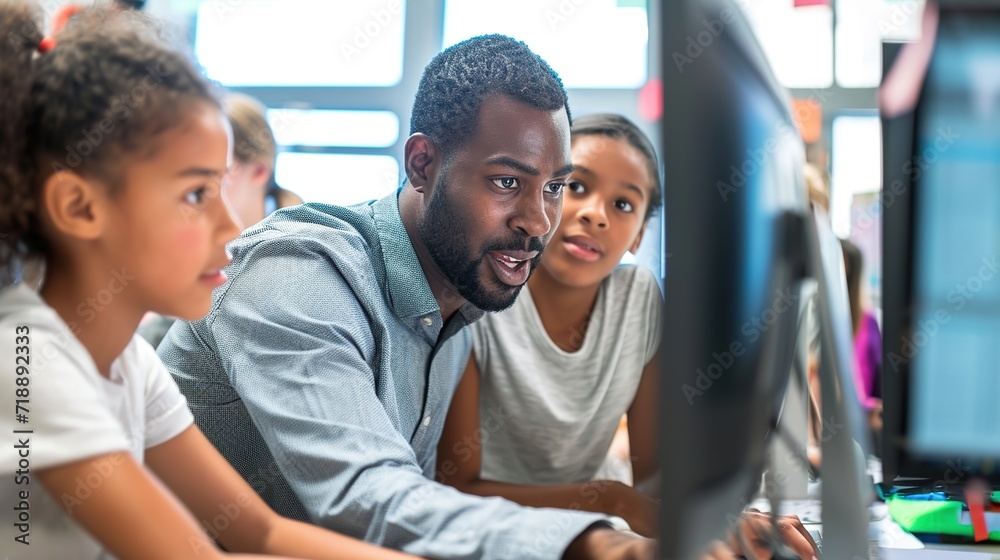 Technology education: Teacher assisting student with computer science ...