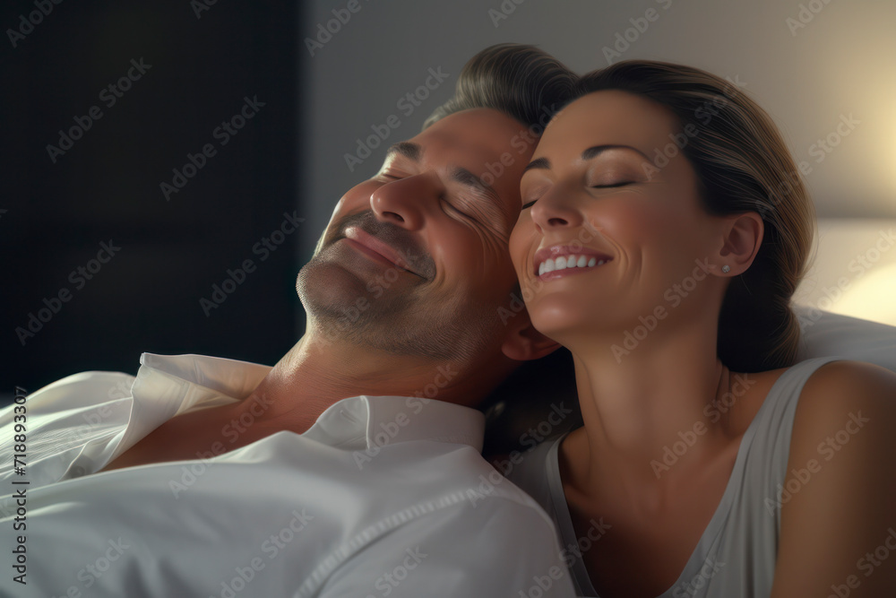 sleeping happy couple lies in bed together, surrounded by love and ...