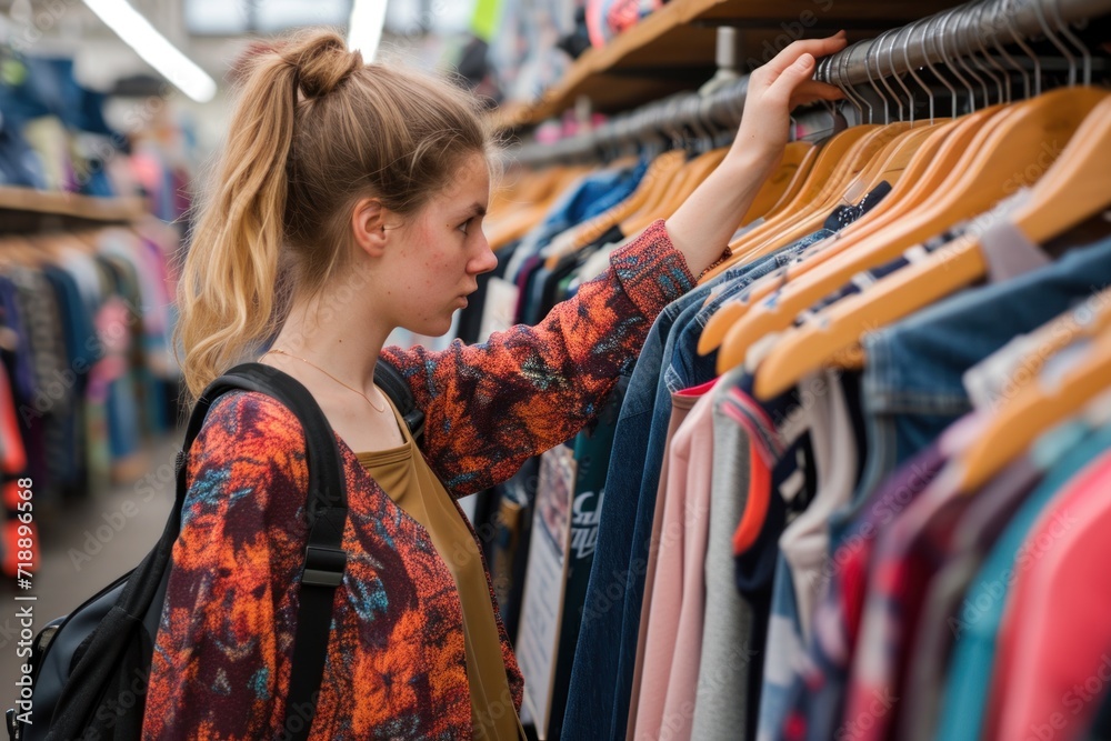 Teenage girl with ponytail scrutinizing clothing options at an indoor ...