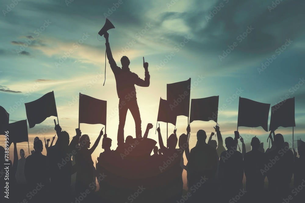 silhouettes of crowd protesters people with banners and megaphones ...