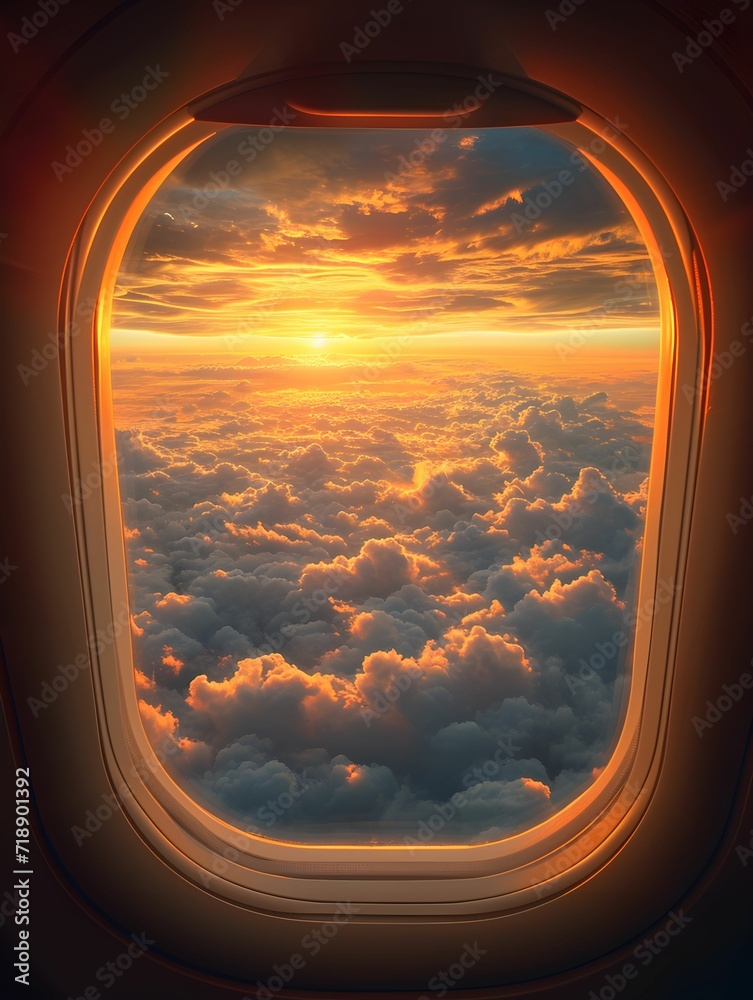 airplane window with blue sky behind illuminated with golden lights of ...