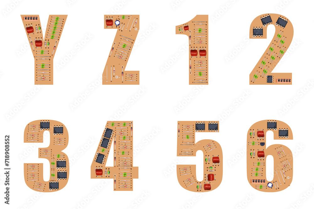 Alphabet and numbers with modern technology electronic components Stock ...