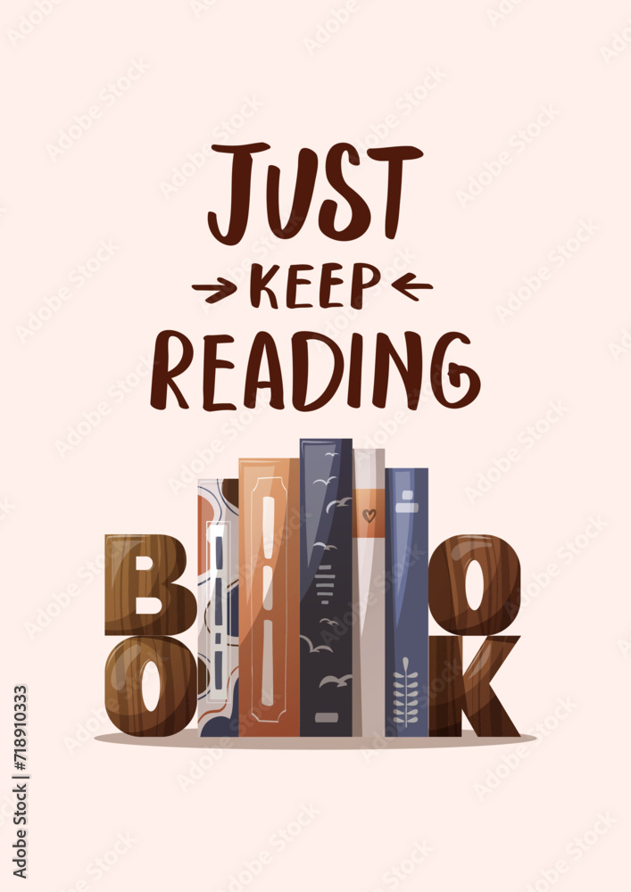 Card design with pile of books and wooden word "book". Bookstore ...