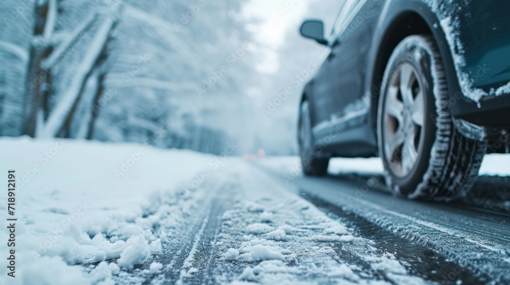 Side view of a car driving cautiously on a road covered with ice and ...