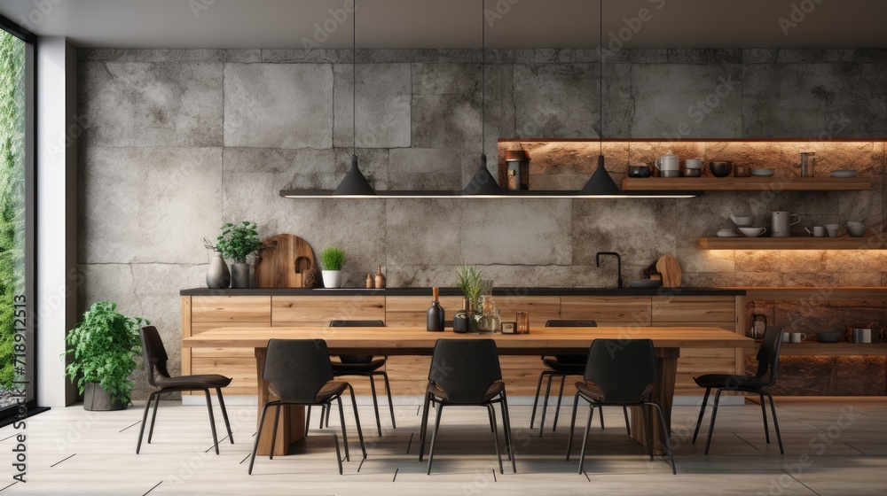 large kitchen room with modern interior design with wood table and ...