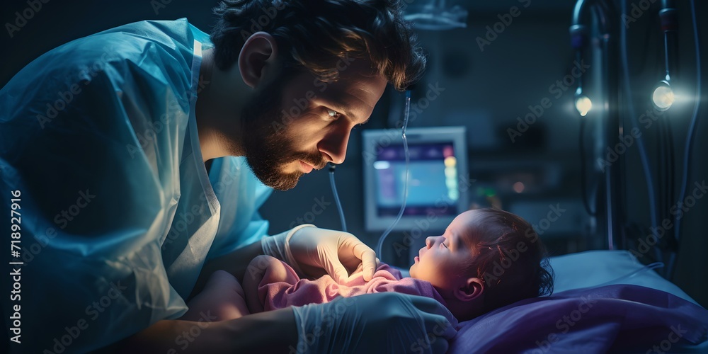 Gentle hospital scene with a doctor and a newborn baby. tender care in ...