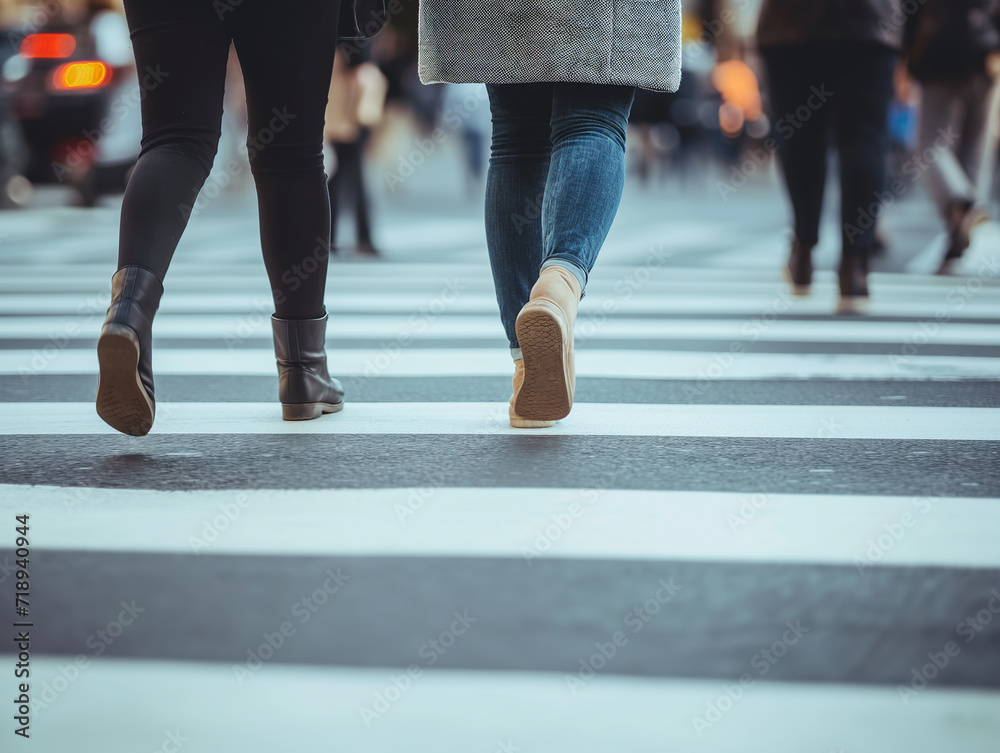 crowd of people crossing the street on a crosswalk, People's feet ...