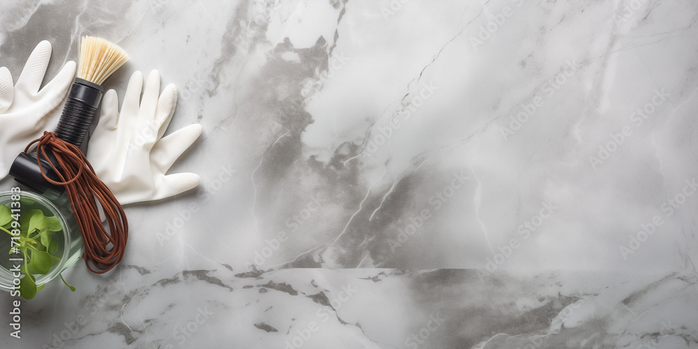 Cleaning products style border design with gloves and brush with fresh ...