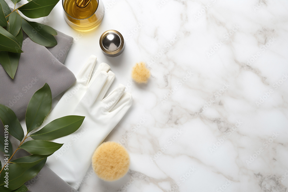 Cleaning products style border design with white gloves, towels, air ...