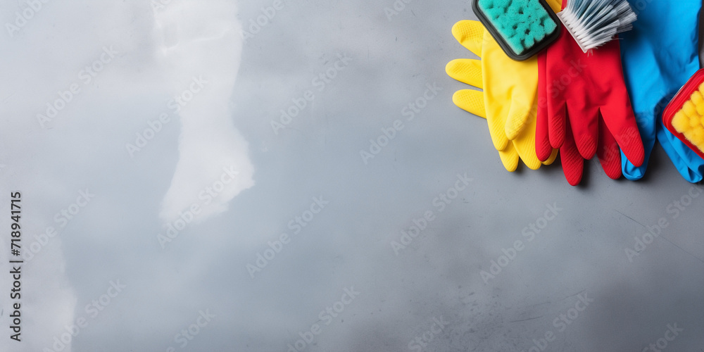 Cleaning products style border design with gloves, brushes and sponges ...