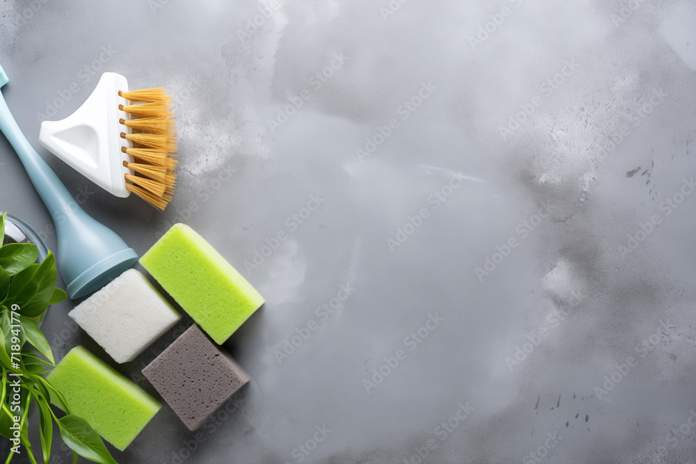 Cleaning products style border design with brushes and sponges on ...