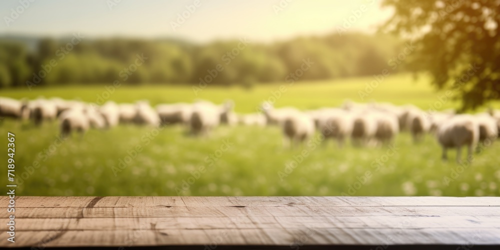 The empty wooden brown table top with blur background of sheep pasture ...