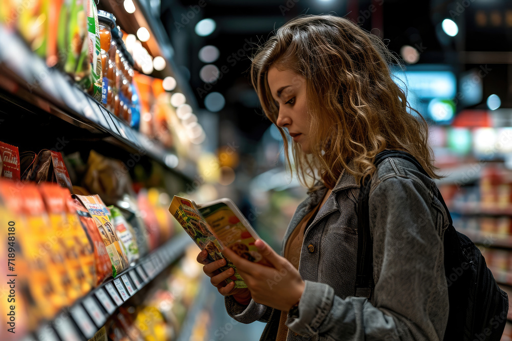 Personas mirando las etiquetas de los alimentos en el supermercado para ...