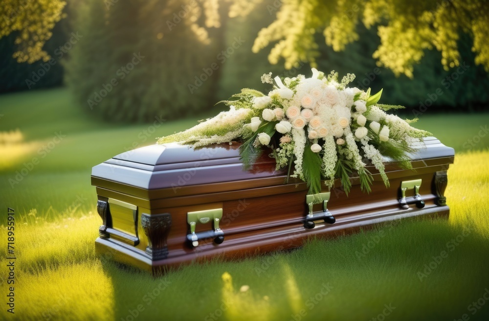 Wooden funeral casket with white flowers in green meadow after funeral ...