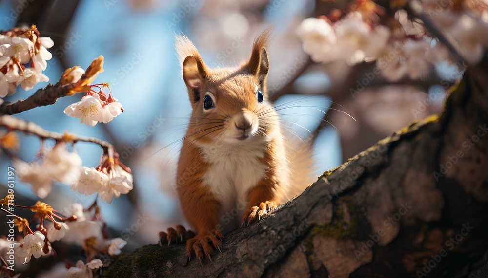 squirrel on a tree in a park during spring time. Closeup of squirrel ...