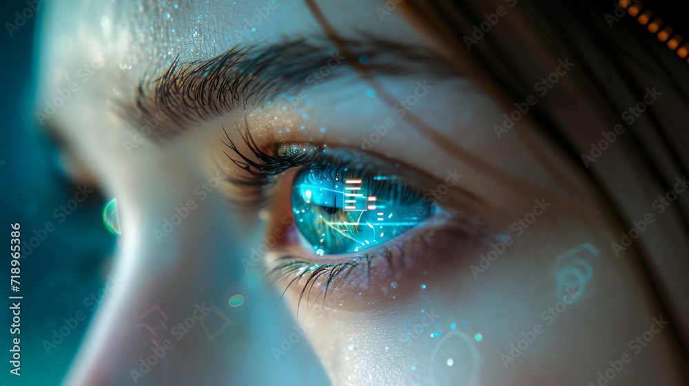 Female eye close up with smart contact lens with digital and bio-metric ...