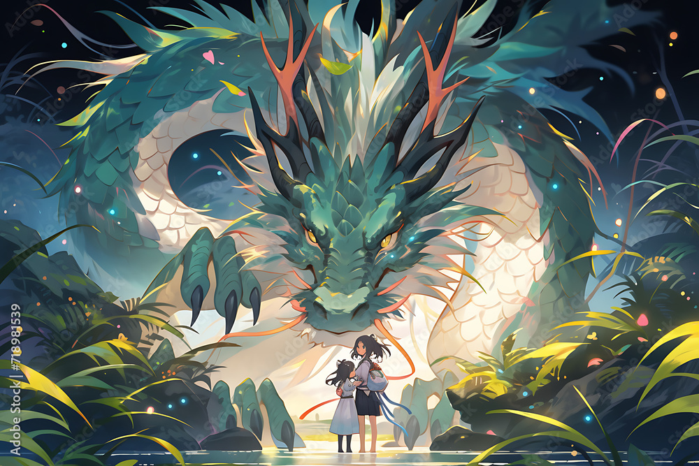 A majestic dragon stands beside a fearless man, embodying power ...
