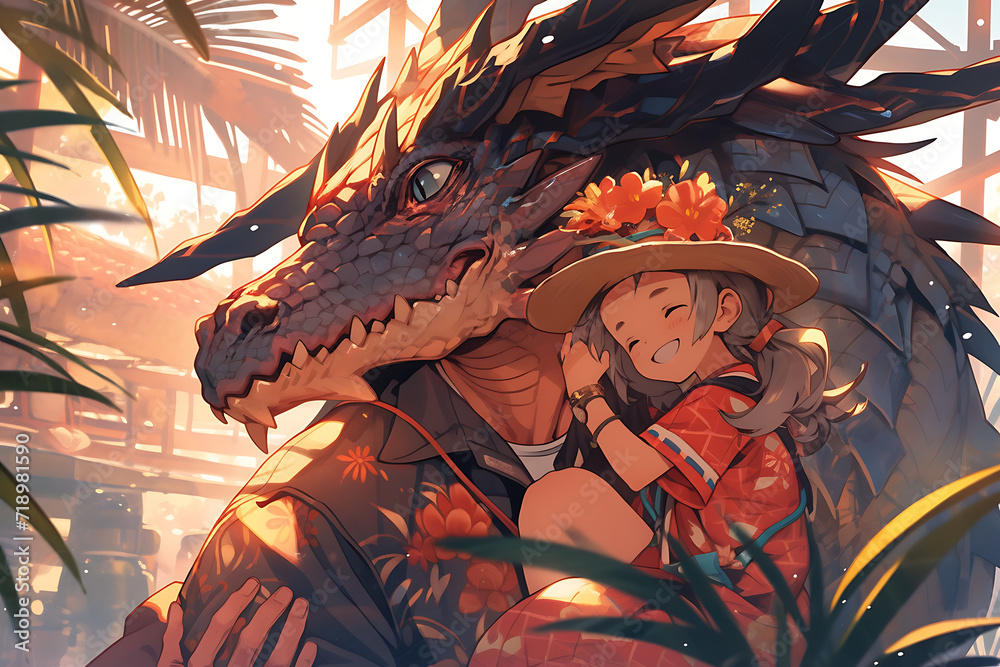 A majestic dragon stands beside a fearless man, embodying power ...