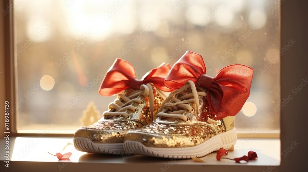 Fashionable gold sneakers with red bows. The trend for bows in 2024 ...