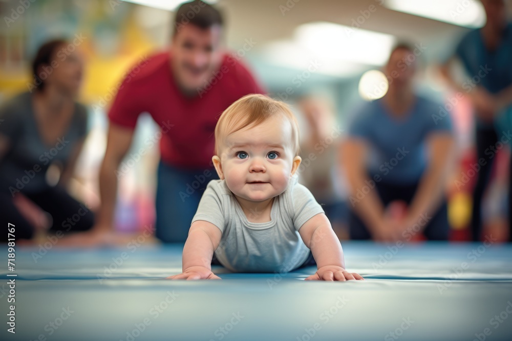 Smiling cute baby lying on tummy pushing up with arms, demonstrating ...