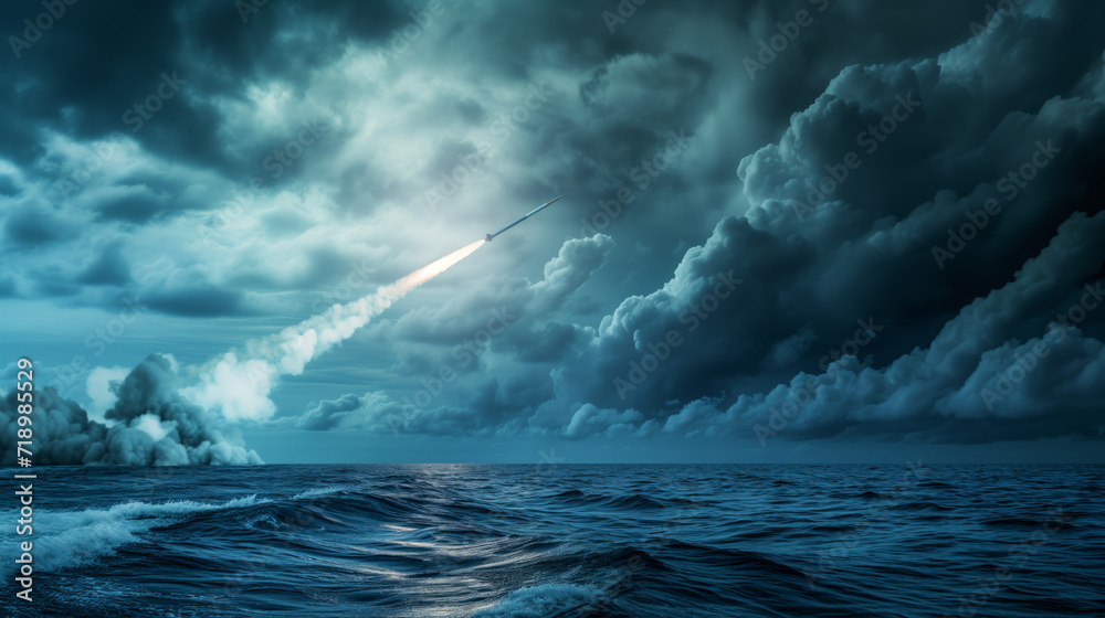 Warship or Submarine Launching Missile at Sea at Dusk. A naval warship ...