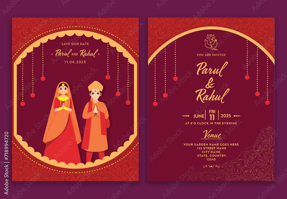 Double-Side of Wedding Invitation Card Design with Indian Couple ...