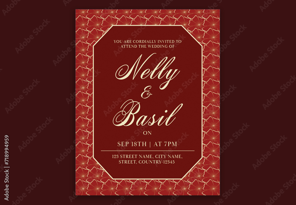 Flower Pattern Wedding Invitation Card with Event Details in Red Color ...