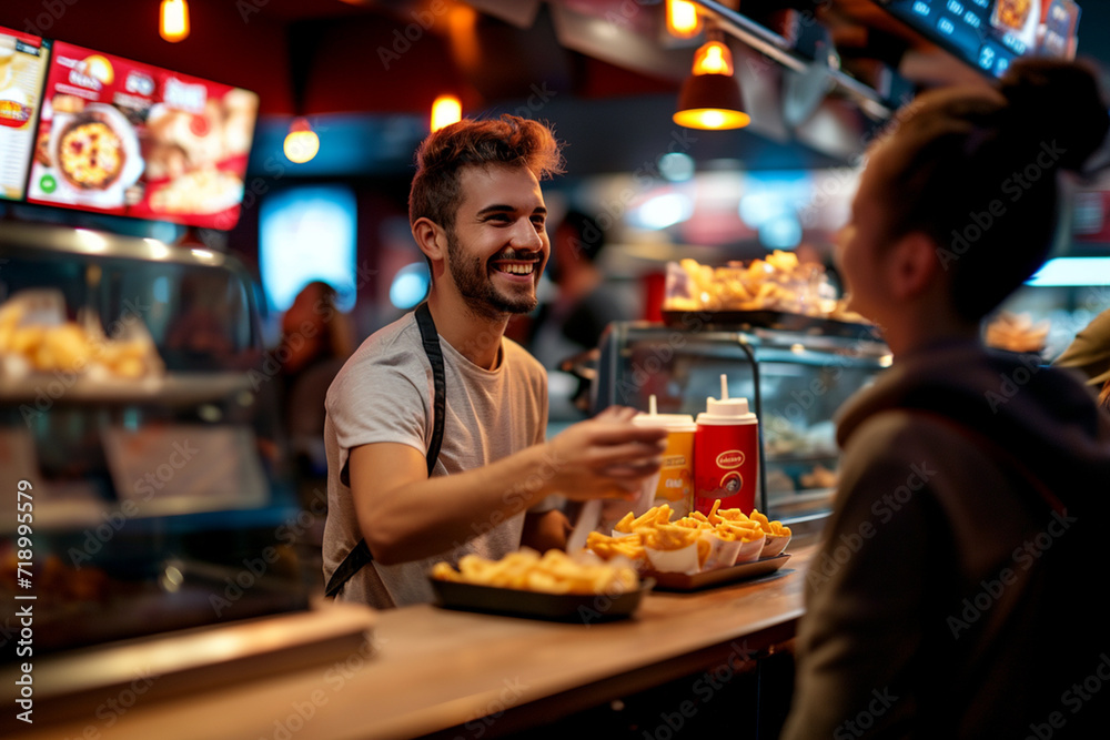 Cheerful and happy young fast food seller in a fast food cafe ...