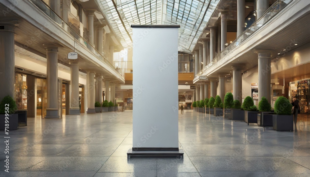 roll up mockup poster stand in an shopping center or mall environment ...