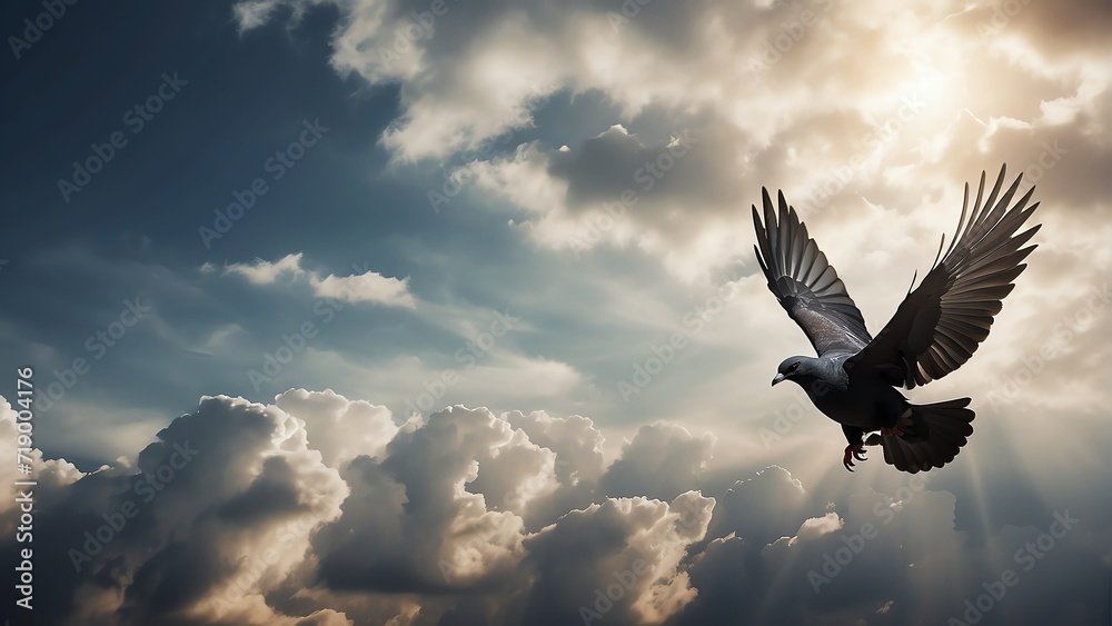 Black dove flying in heavenly background of clouds symbol of faith ...