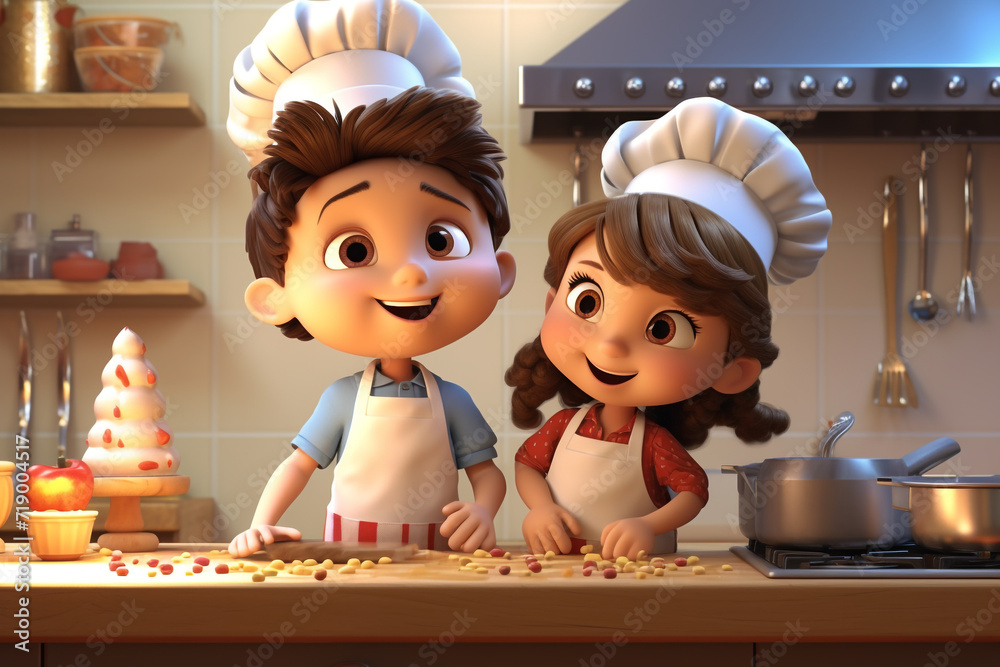 Cartoon little kids cooking in the kitchen 3D illustration Stock ...
