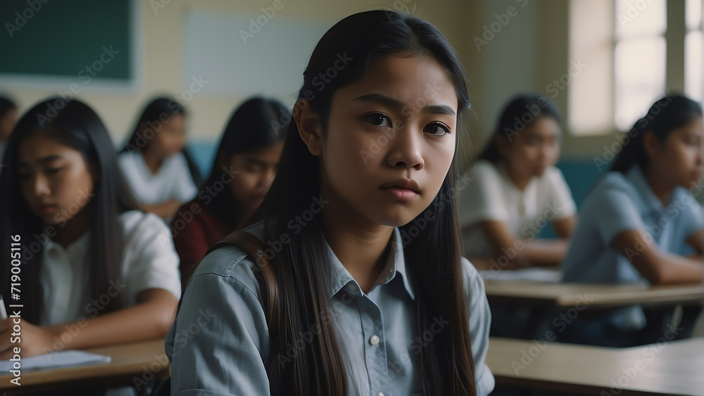Portrait of a young teen filipino girl feeling lonely and sad on the ...