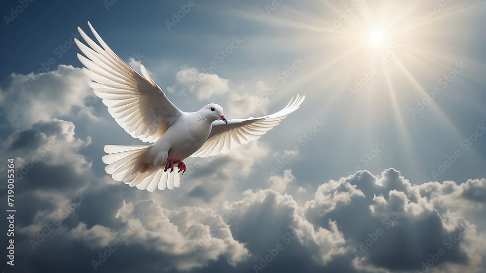 White dove flying in heavenly background of clouds symbol of faith ...