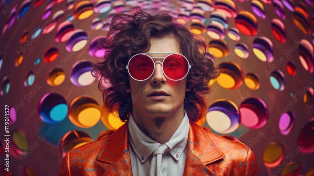 A man in the style of the 80s, disco. Portrait of a guy in sunglasses ...