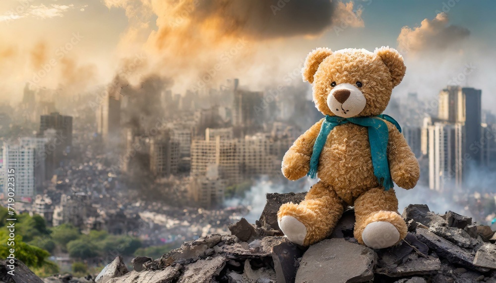 kids teddy bear toy over city burned destruction of an aftermath war ...