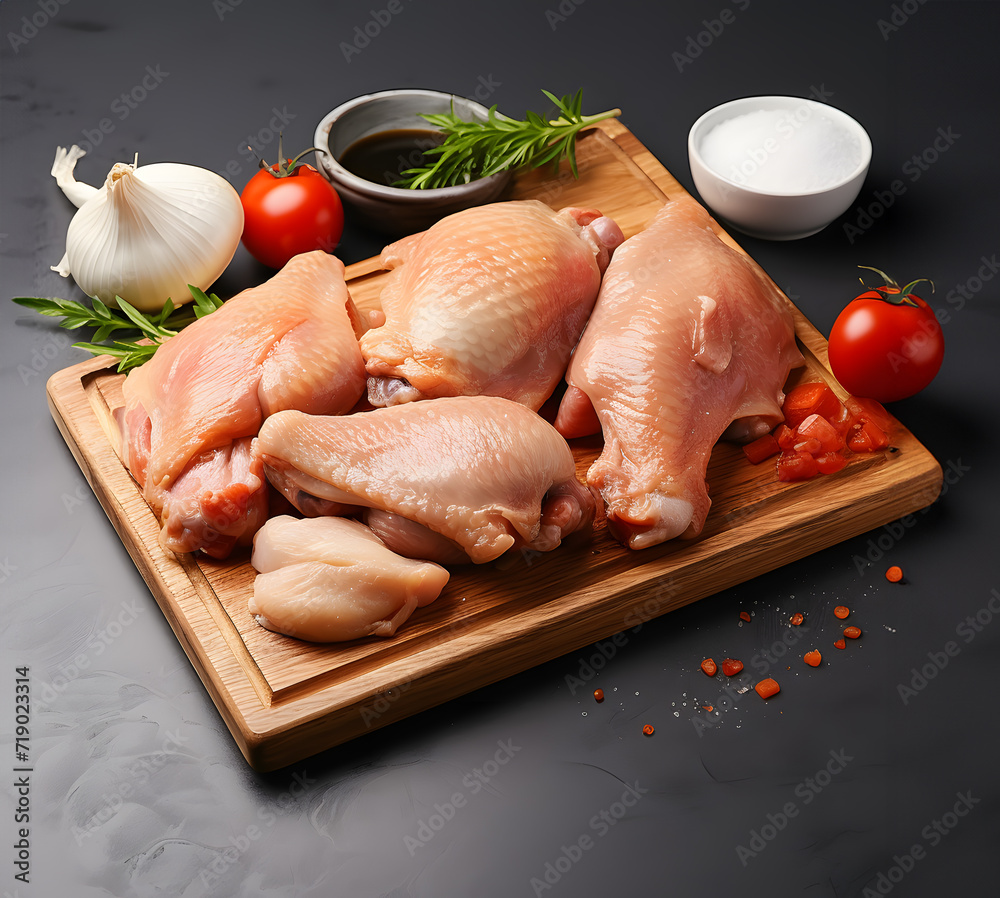 Prepared for frying, butchered various portions of raw chicken meat ...