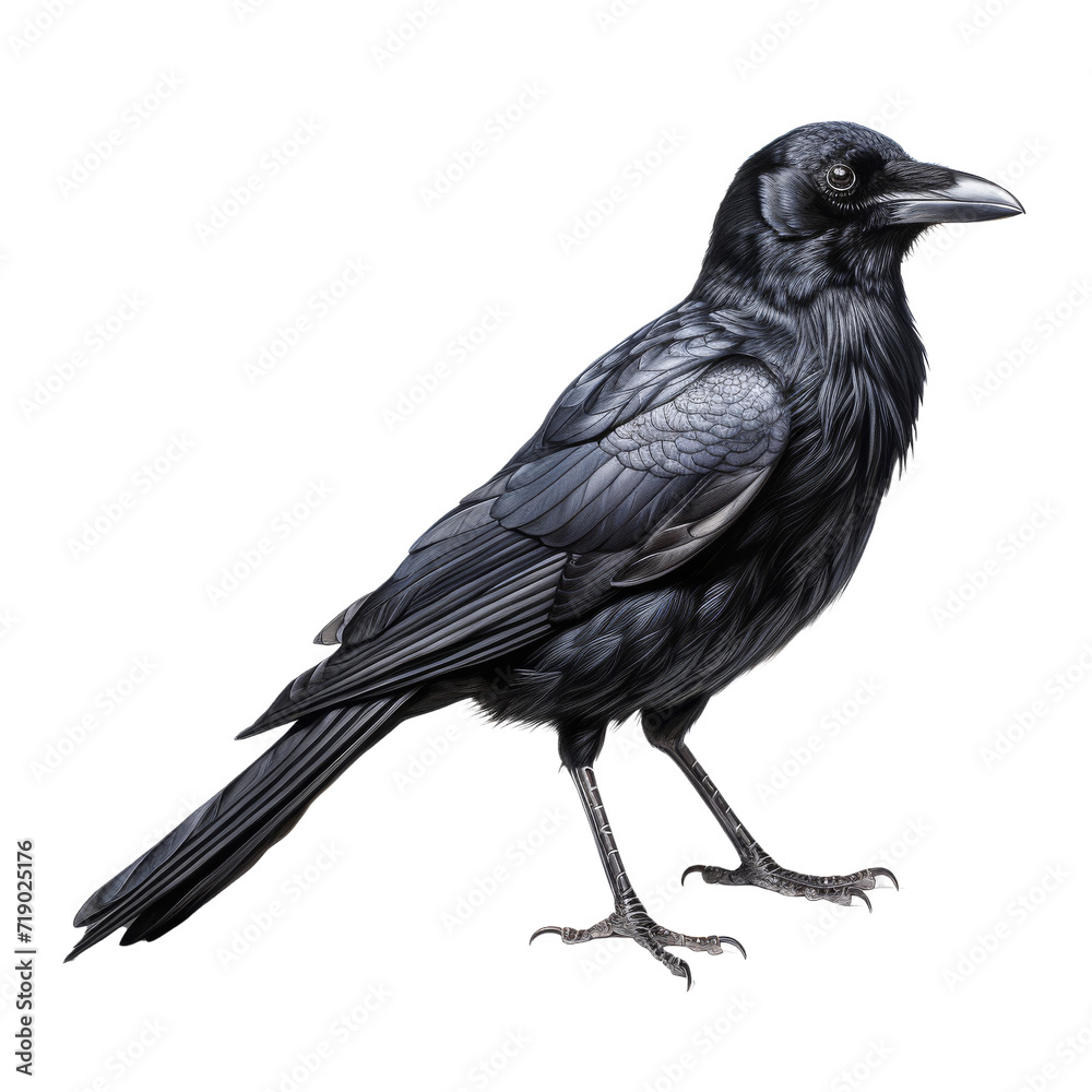 A black crow and a raven, both standing on white backgrounds ...