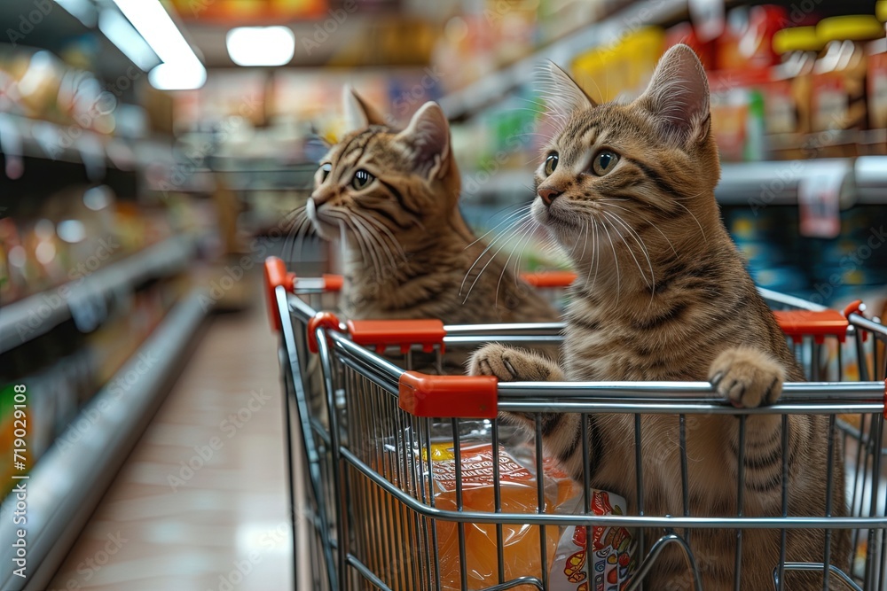 Cat Grocery Shoppers with Carts: Picture a supermarket scene with cats ...