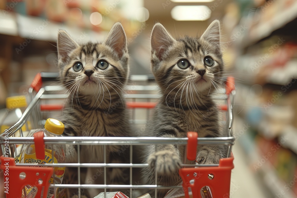 Cat Grocery Shoppers with Carts: Picture a supermarket scene with cats ...